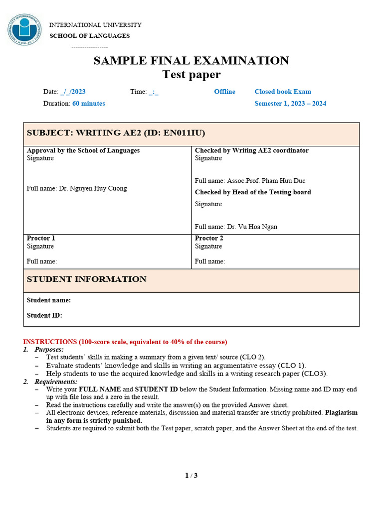 AE2 Writing Final Sample Test (Since 2324S2) - Test Paper | PDF ...