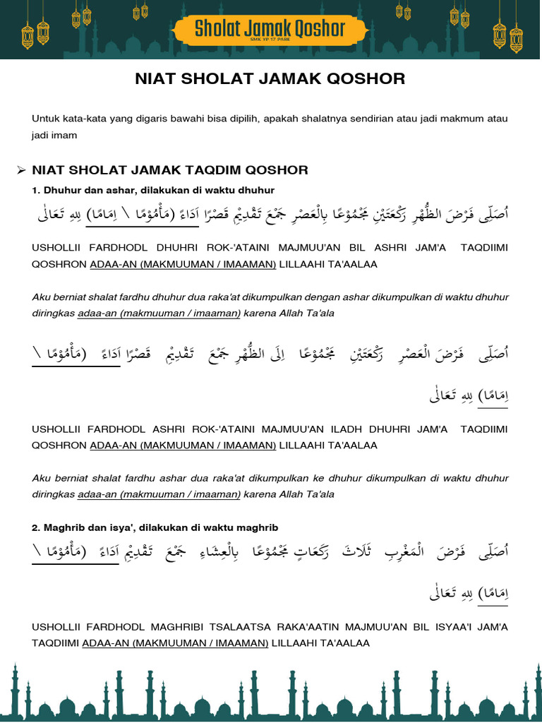Niat Sholat Jamak Qoshor Lengkap | PDF | Prayer | Worship