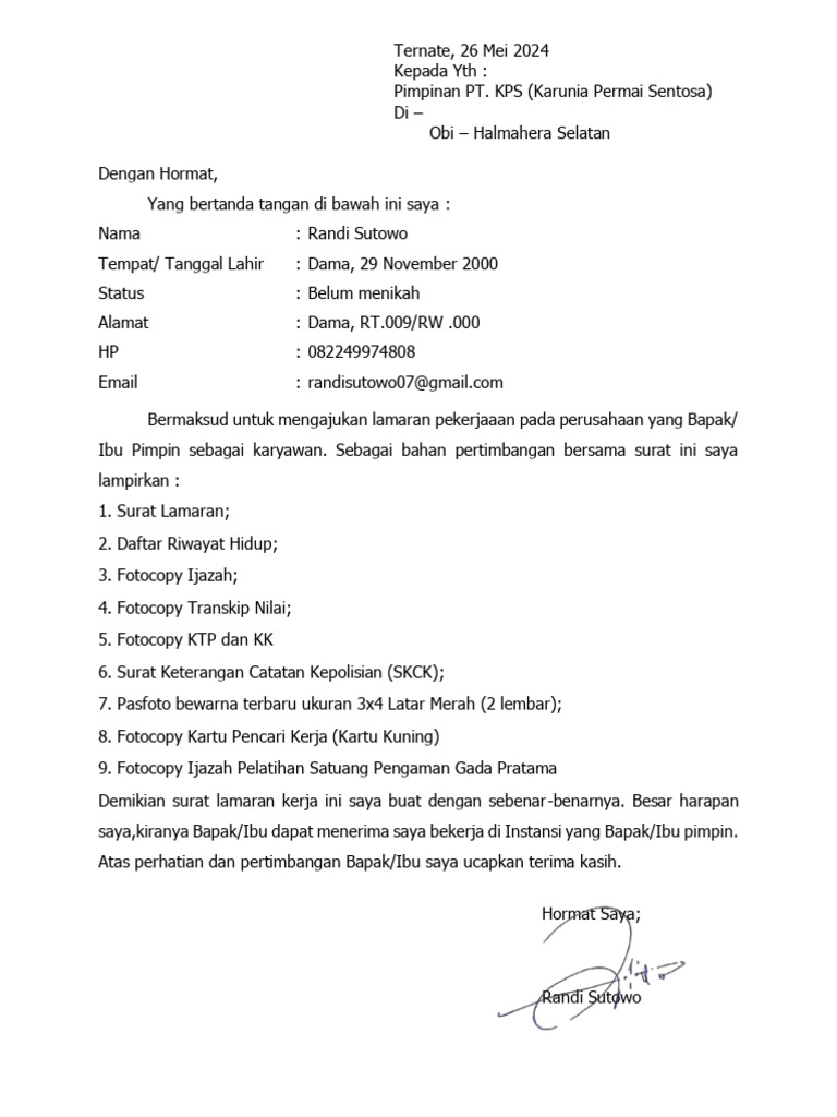 Surat Lamaran Kerja PT, KPS | PDF