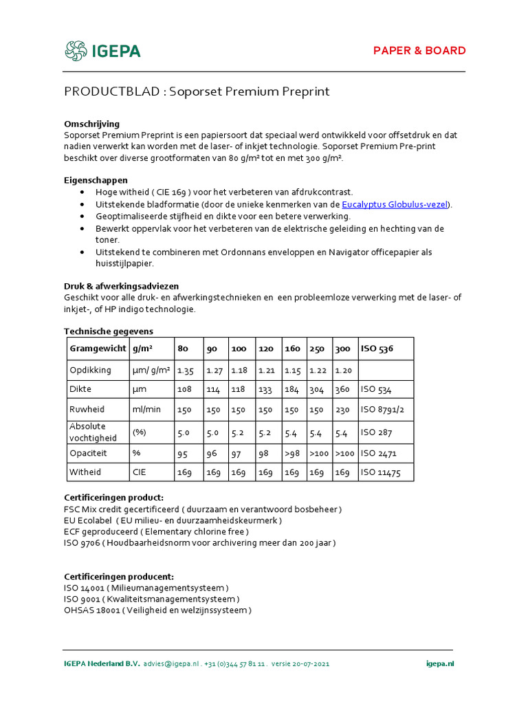 Soporset PrePrint Productblad - IgepaNL | PDF