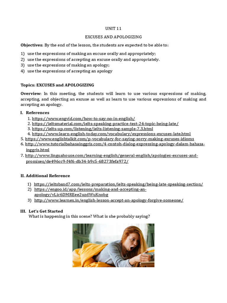 Unit 11 - Excuses and Apologizing | PDF