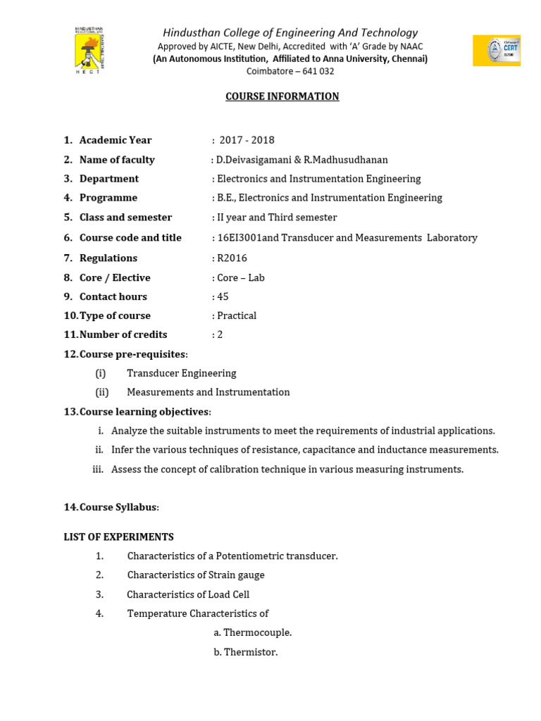 COURSE PLAN - T&M Lab (Autonomous) New | PDF | Engineering | Knowledge