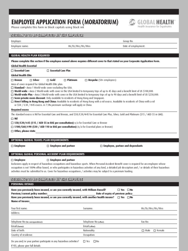 Global Health Employee Application Form Moratorium) | PDF ...
