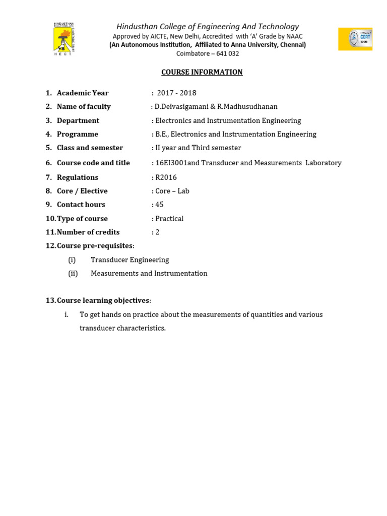 COURSE PLAN - T&M Lab (Autonomous) | PDF | Engineering | Knowledge