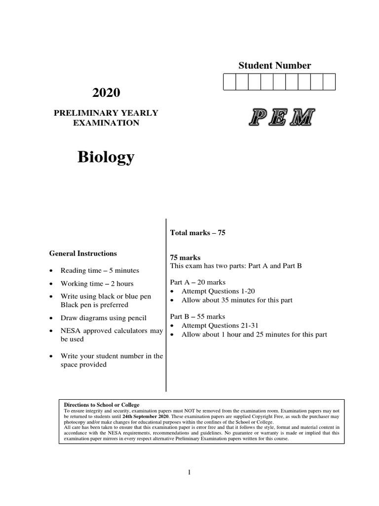 PEM 2020 Biology Preliminary Examination Paper 1 | PDF | Respiratory ...
