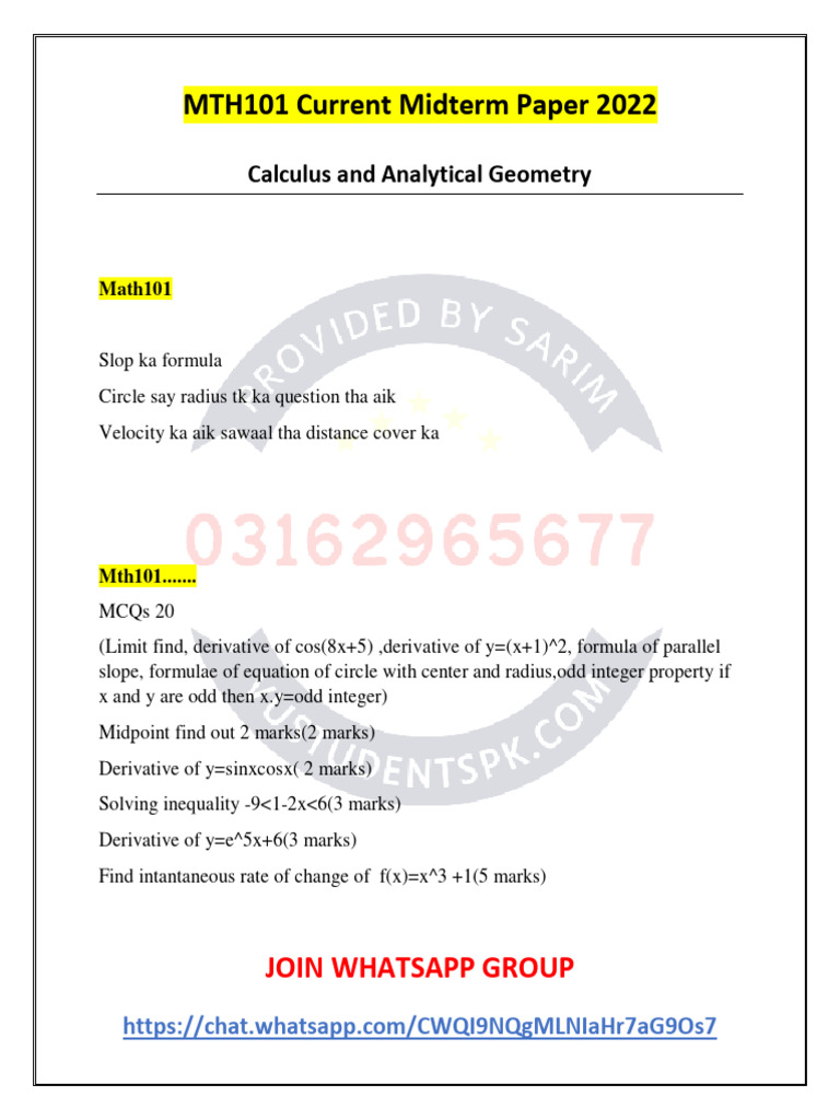 MTH101 Current Midterm 2022 Papers | PDF | Teaching Methods & Materials | Art