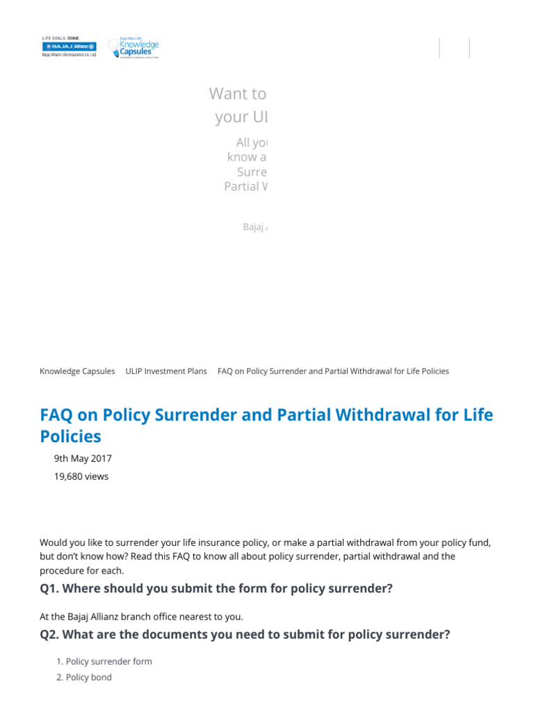 Surrender and Partial Withdrawal of A ULIP Policy - Bajaj Allianz Life ...