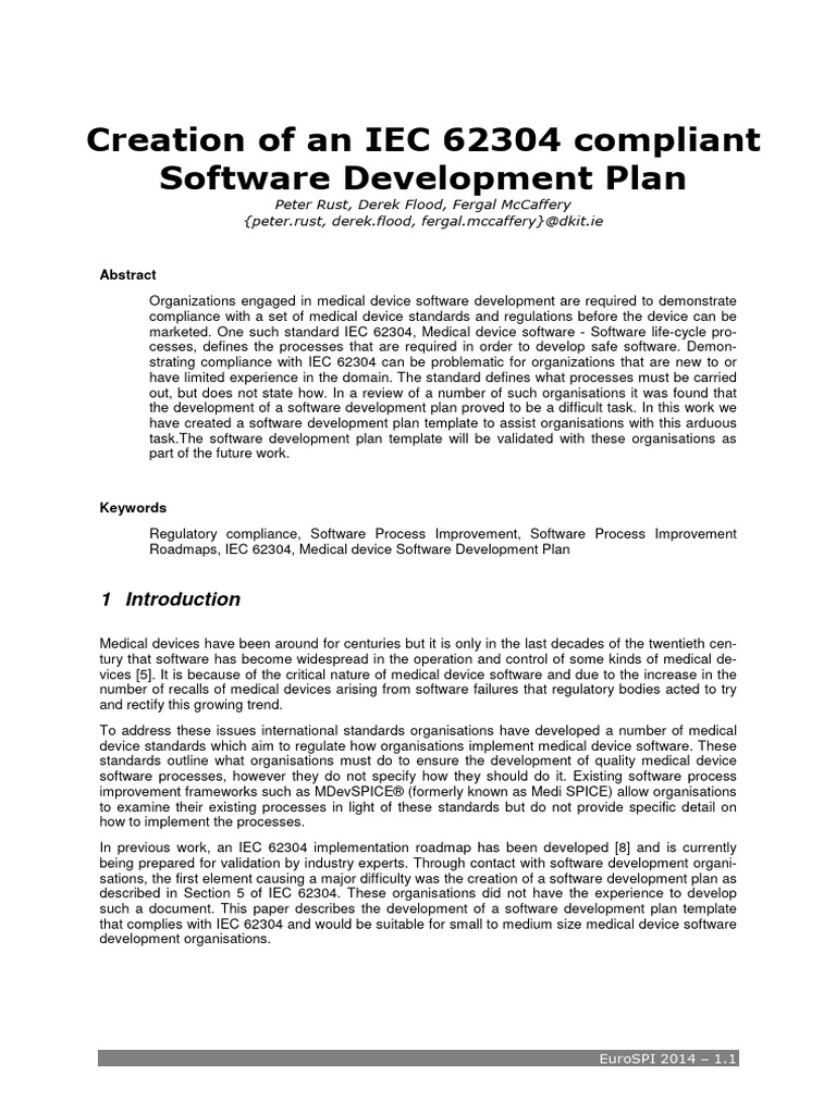 Creation of An Iec 62304 Compliant Software Development Plan 56yqyqkbo1 | PDF | Medical Device ...