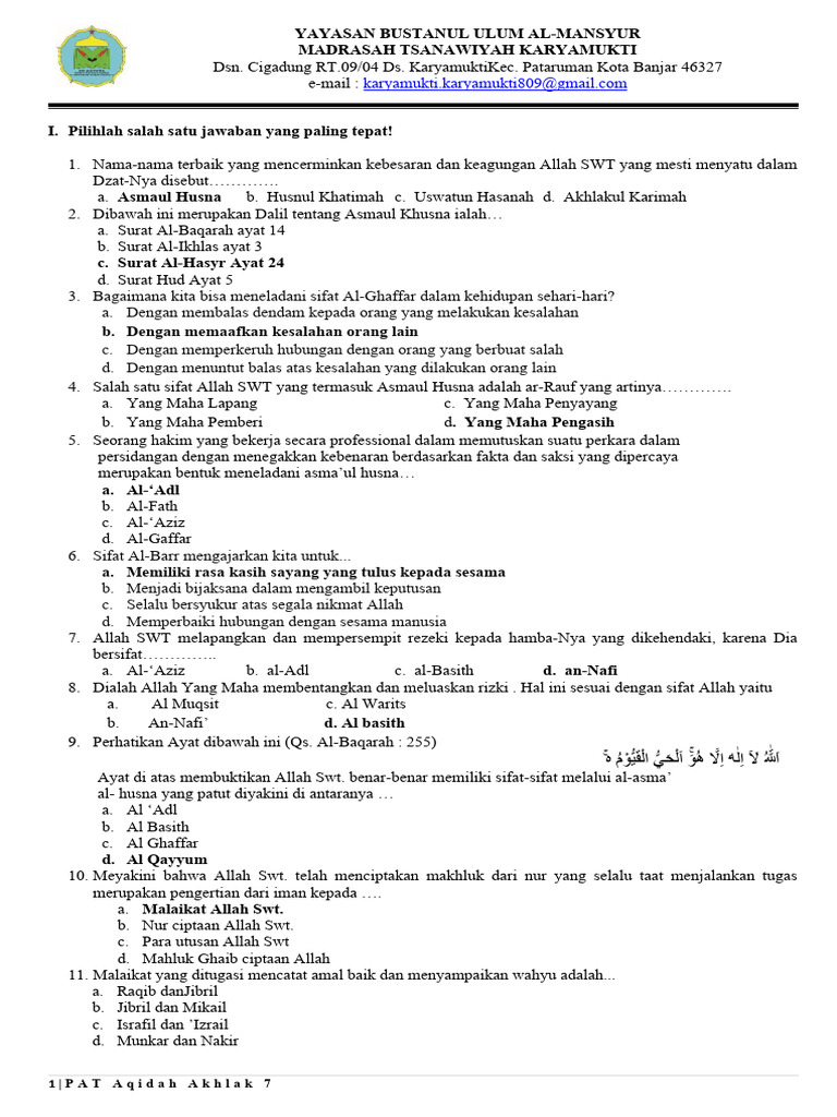Soal-PAT-Akidah-Akhlak-Kls-7 - 2024 | PDF