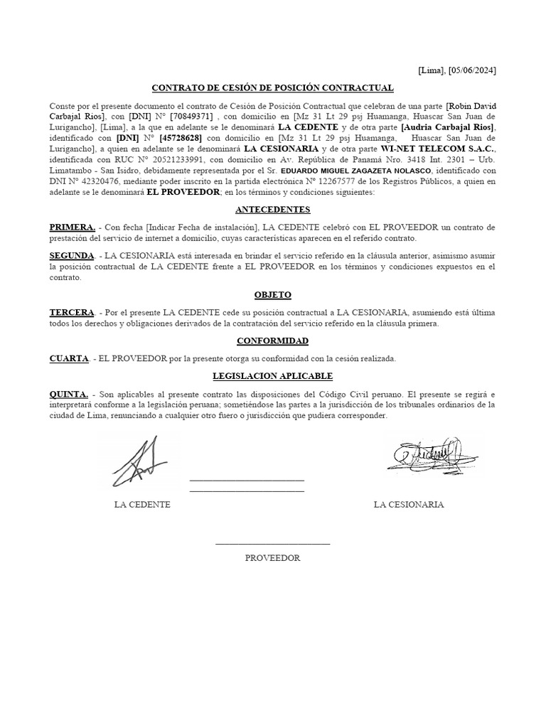 Formato Cesion Titularidad Persona Natural DNI A DNI 2 | PDF ...