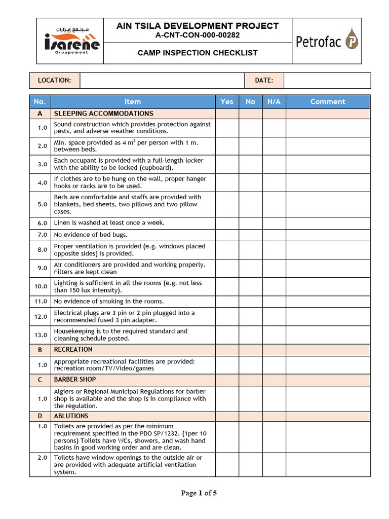 HSE Camp Inspection Checklist | Download Free PDF | Refrigerator | Kitchen