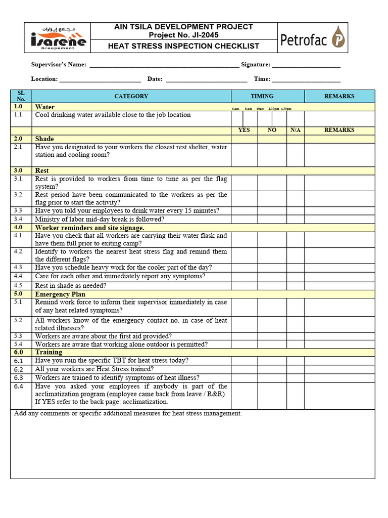 27. Heat Stress Inspection Checklist_new | Download Free PDF | Concrete