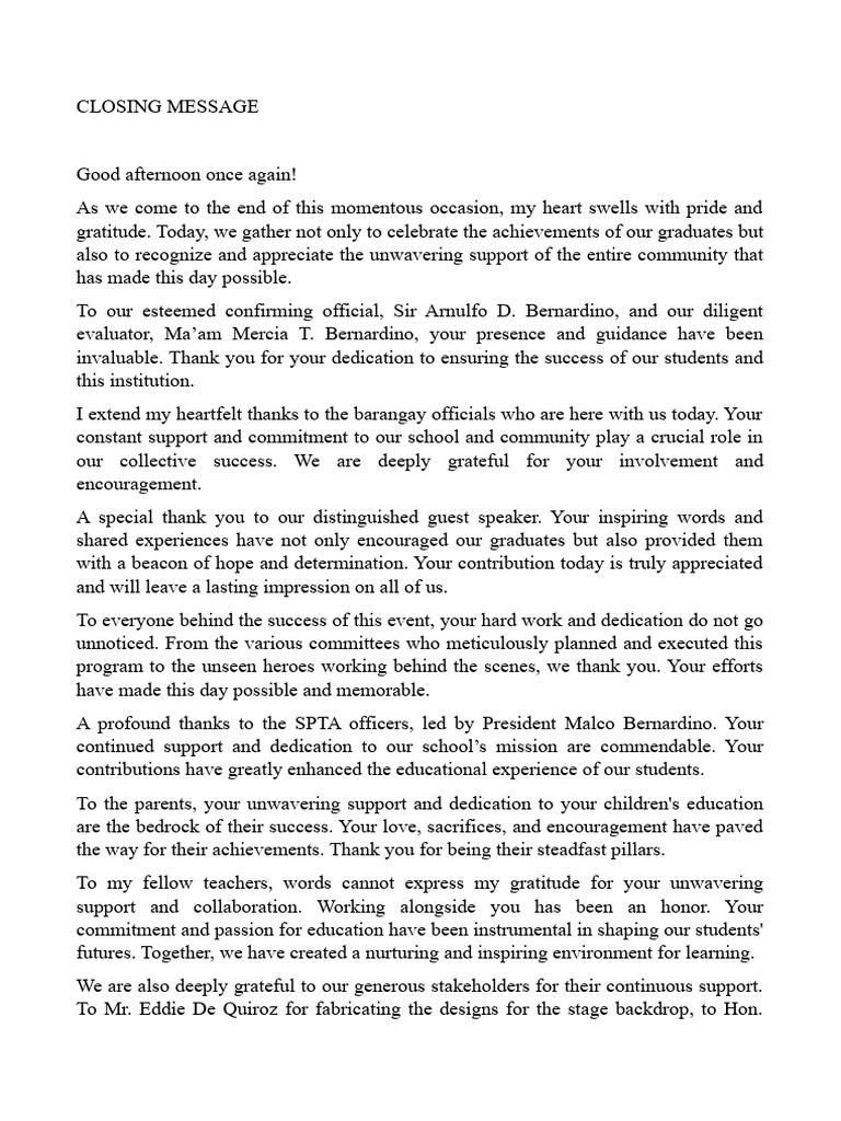 Closing Remarks Sir Arnel | PDF | Gratitude