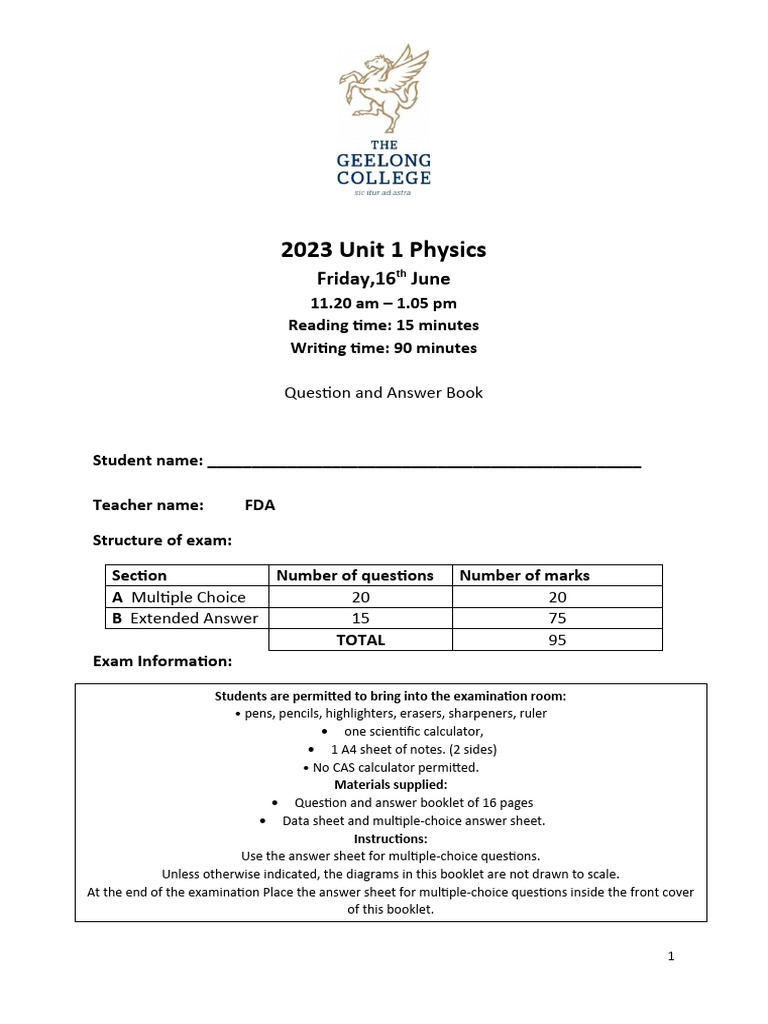 2023 Unit 1 Semester 1 Physics Exam Question and Extended Answer ...