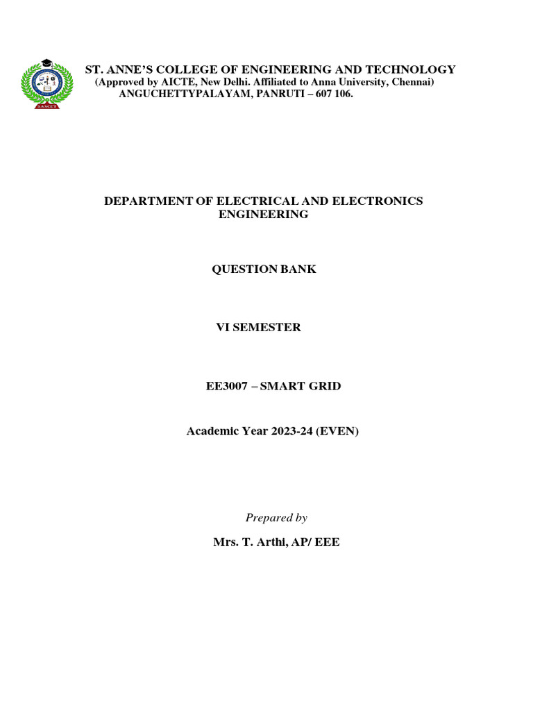 EE3007 Smart Grid Question Bank | PDF | Smart Grid | Electrical Grid
