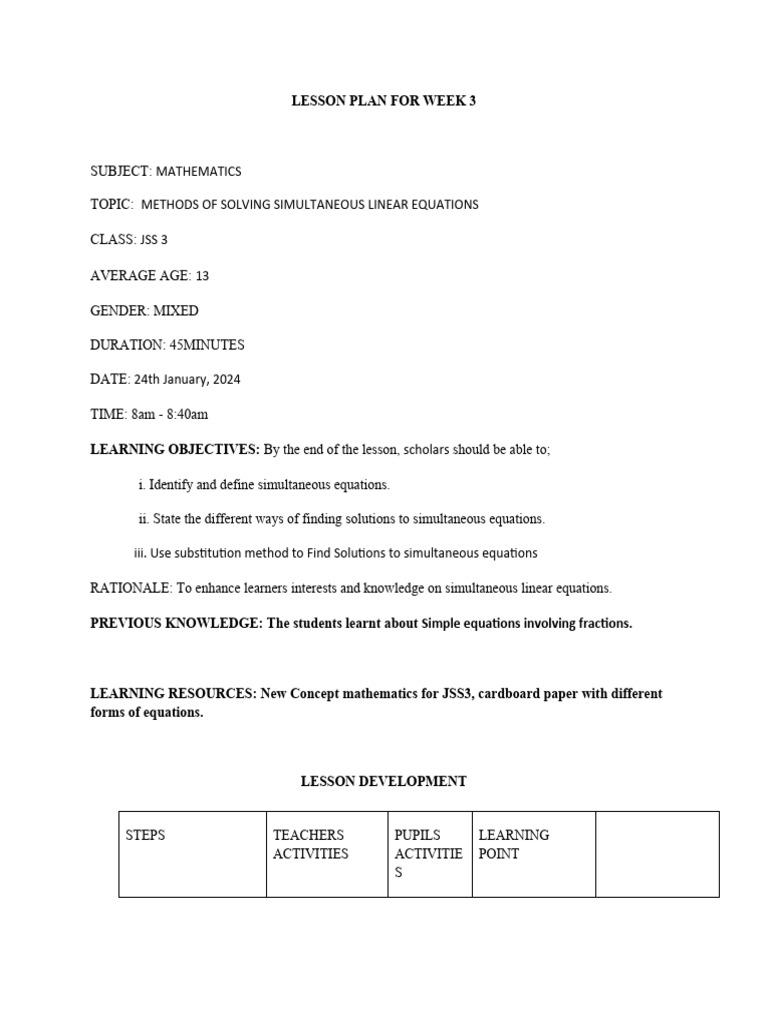 Maths Lesson Plan For JSS 3 | PDF | Equations | Teachers