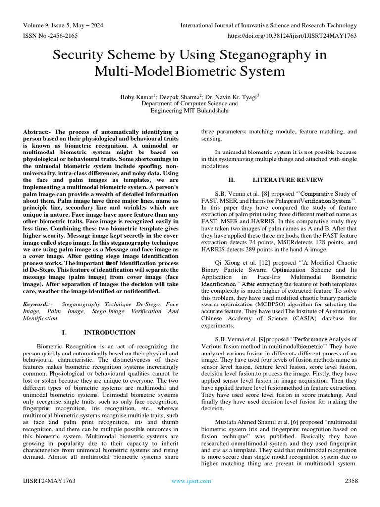 Security Scheme by Using Steganography in Multi-ModelBiometric System | Download Free PDF ...