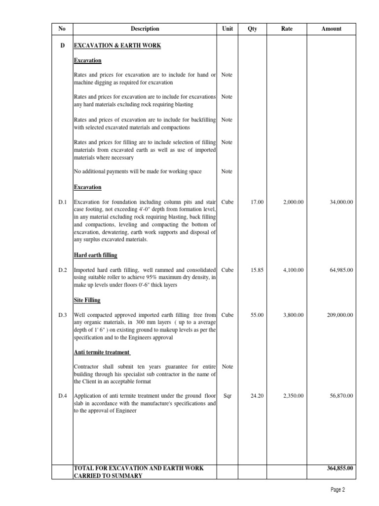 Excavation and Earth Work Carried To Summary | PDF