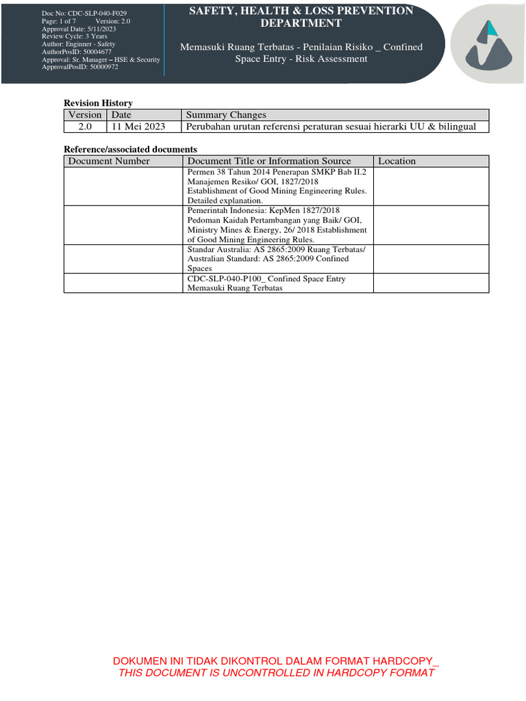 CDC-SLP-040-F029 Confined Space Entry-Risk Assessment | PDF | Hazards ...