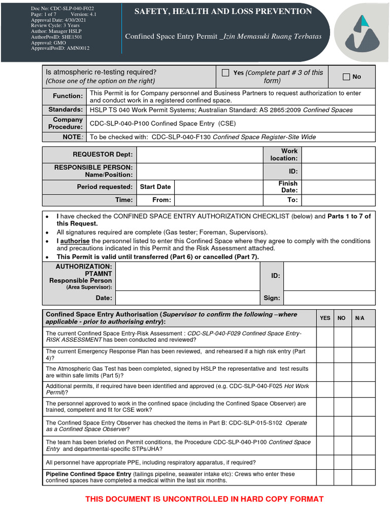 CDC-SLP-040-F022 Confined Space Entry Permit | PDF | Hazards | Safety