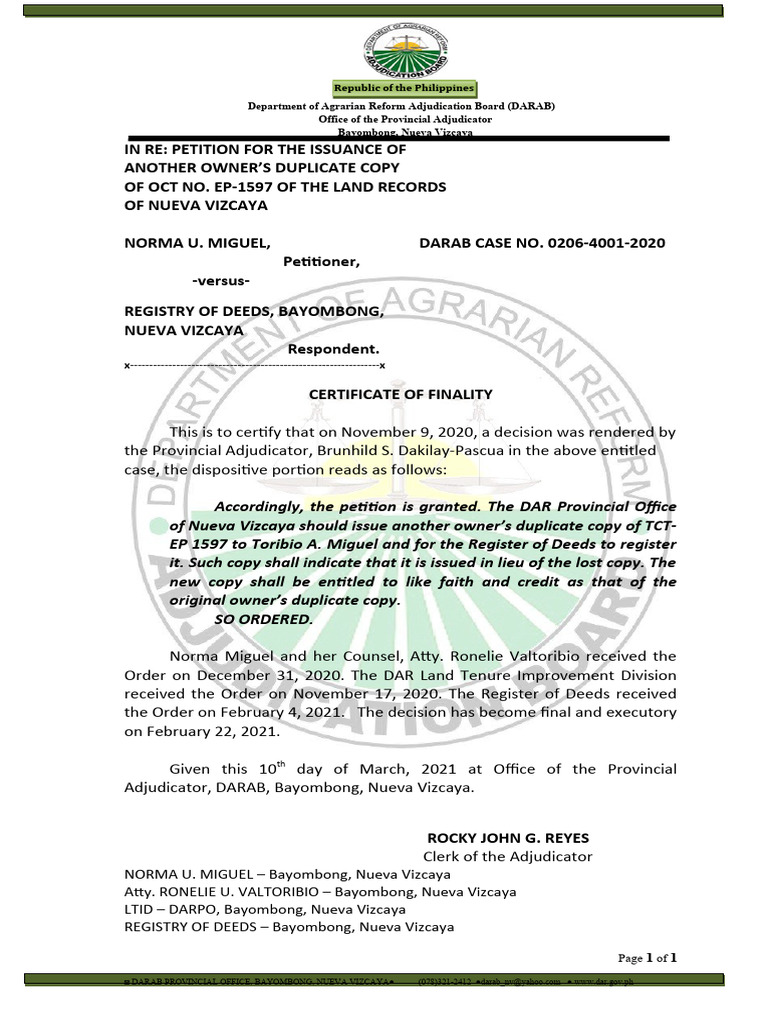 Certificate of Finality Norma Miguel | PDF