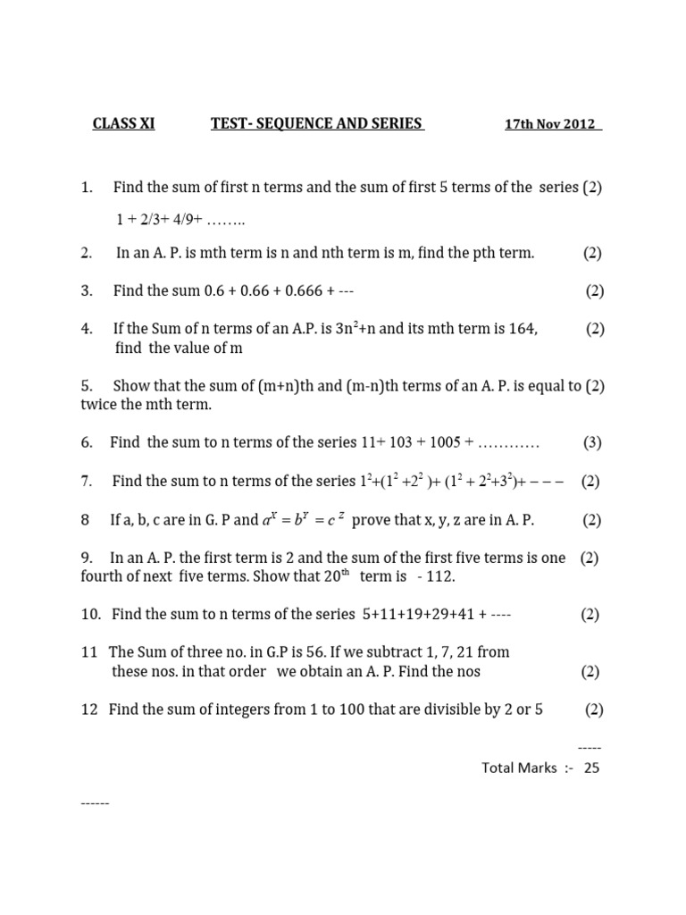 Class XI Math Test: Sequences & Series | PDF