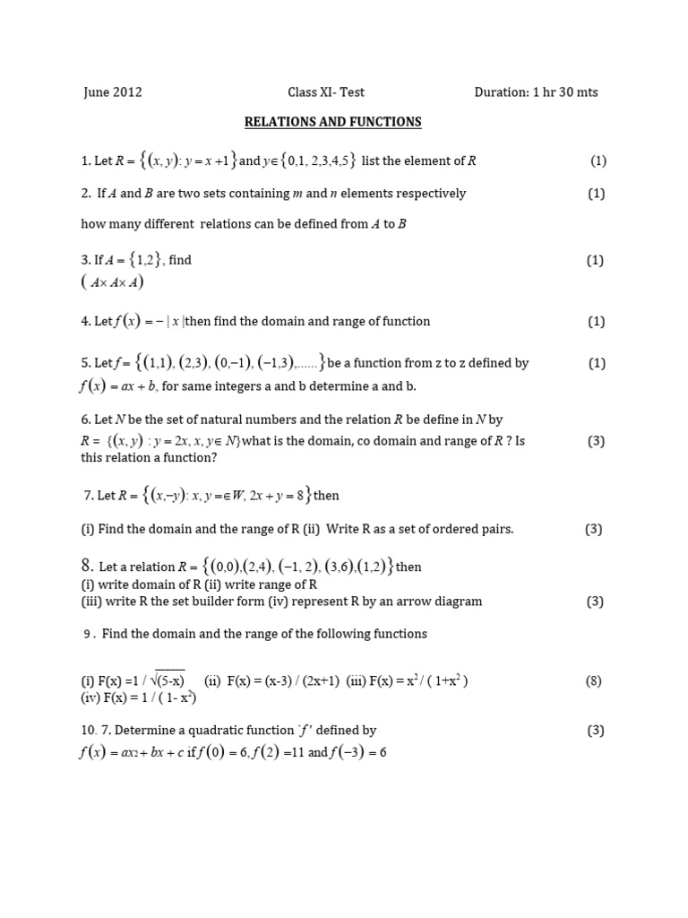 Relations and Functions Test Paper - June 2012 | PDF