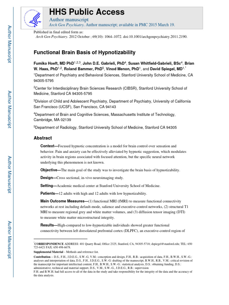 Functional Brain Basis of Hypnotizability Nihms463297 | PDF | Dorsolateral Prefrontal Cortex ...