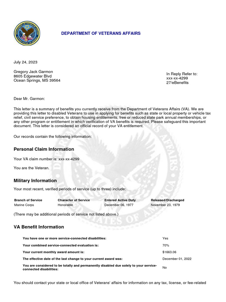 Benefit Summary | PDF | United States Department Of Veterans Affairs