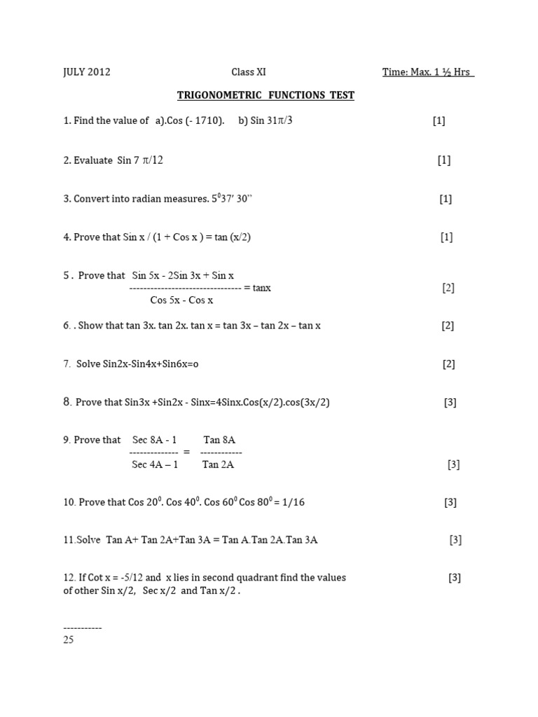 Trigonometric Functions Test Paper | PDF