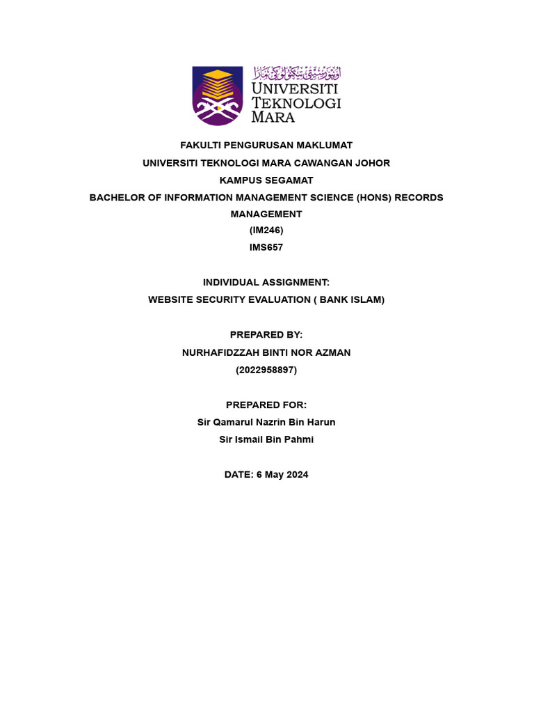 Website Security Evaluation IMS657 - NURHAFIDZZAH BT NOR AZMAN - JIM246 6A | PDF | Computer ...