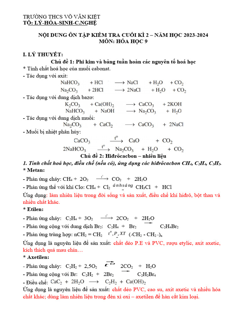 On Tap Ki 2 - Hoa Hoc 9 - 2023 2024 | PDF
