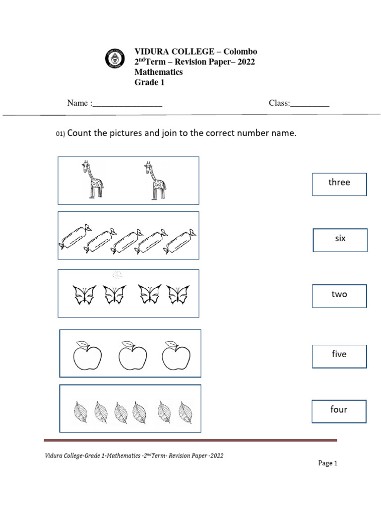 Grade 1 Maths 2nd Term Revision Paper | PDF