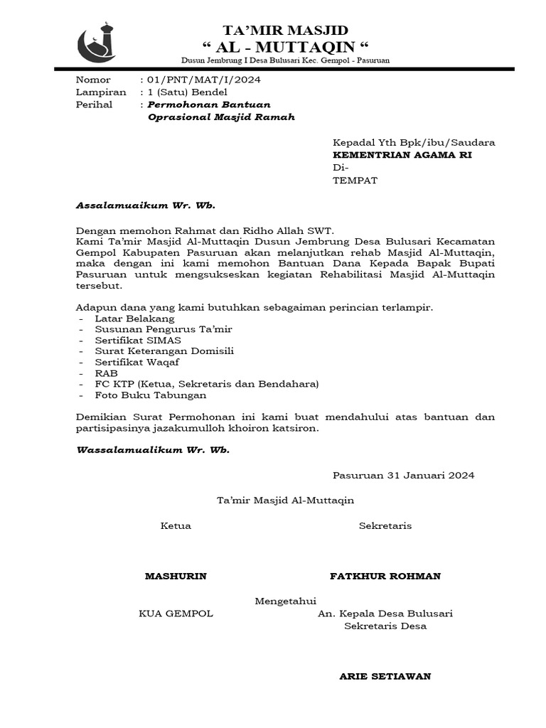 Proposal Masjid Almuttaqin 1 | PDF