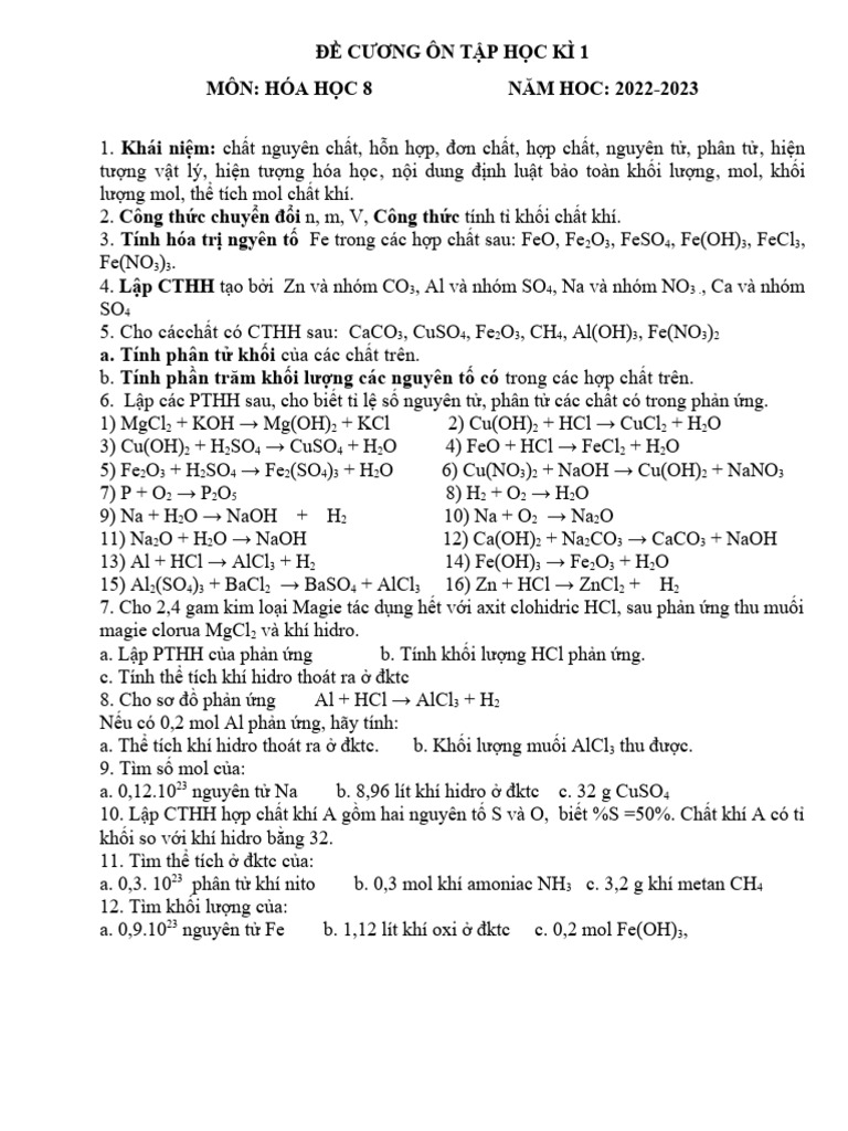 ĐÈ CƯƠNG ÔN TẬP HÓA 8 HK1 22.23 | PDF