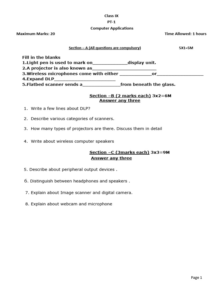 Class IX Computer Applications PT-1 Exam | PDF | Computers