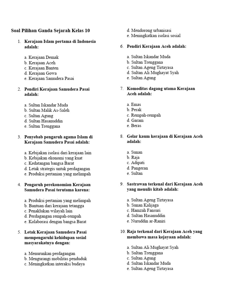Soal Pilihan Ganda Sejarah Kelas 10 | PDF