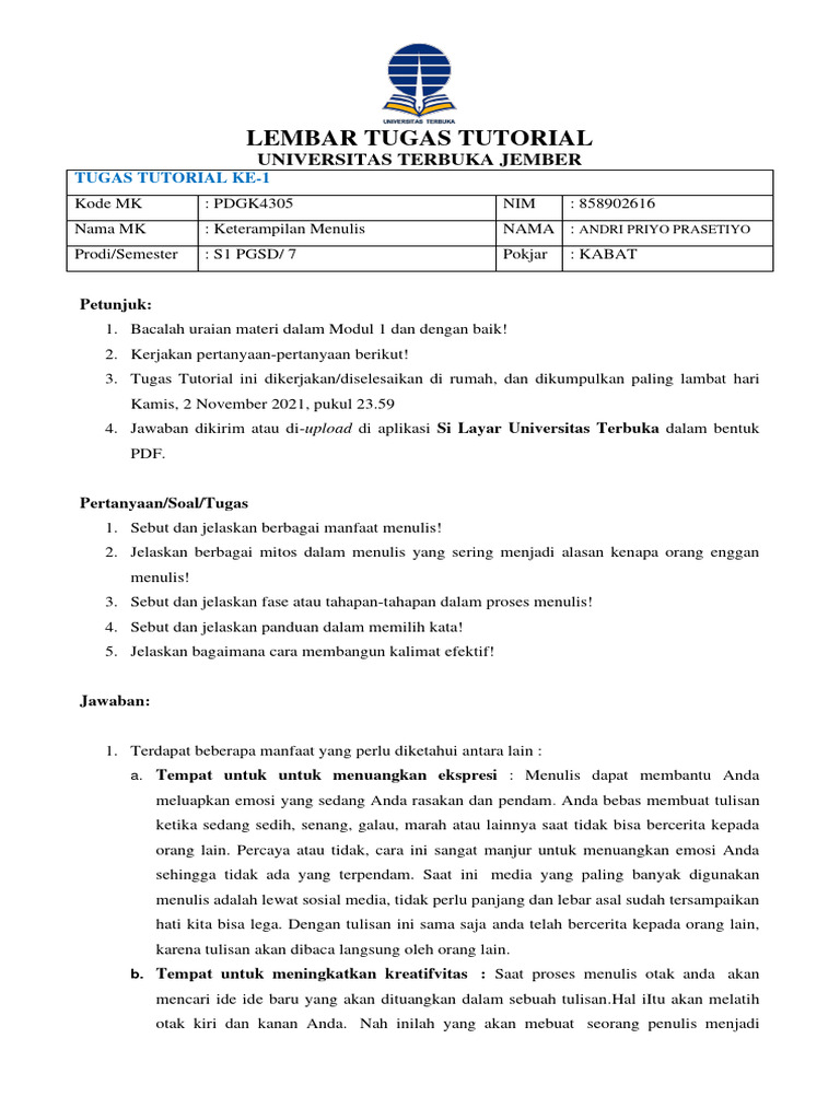 TT 1 Keterampilan Menulis | PDF