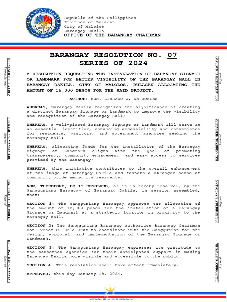 Reso 07 - 2024 Barangay Signage (Barangay Dakila) | PDF