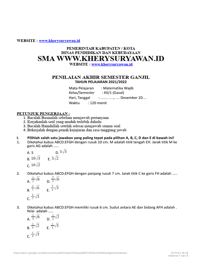 1 - Soal Matematika Wajib Kelas 12 - WEBSITE WWW - Kherysuryawan.id | PDF