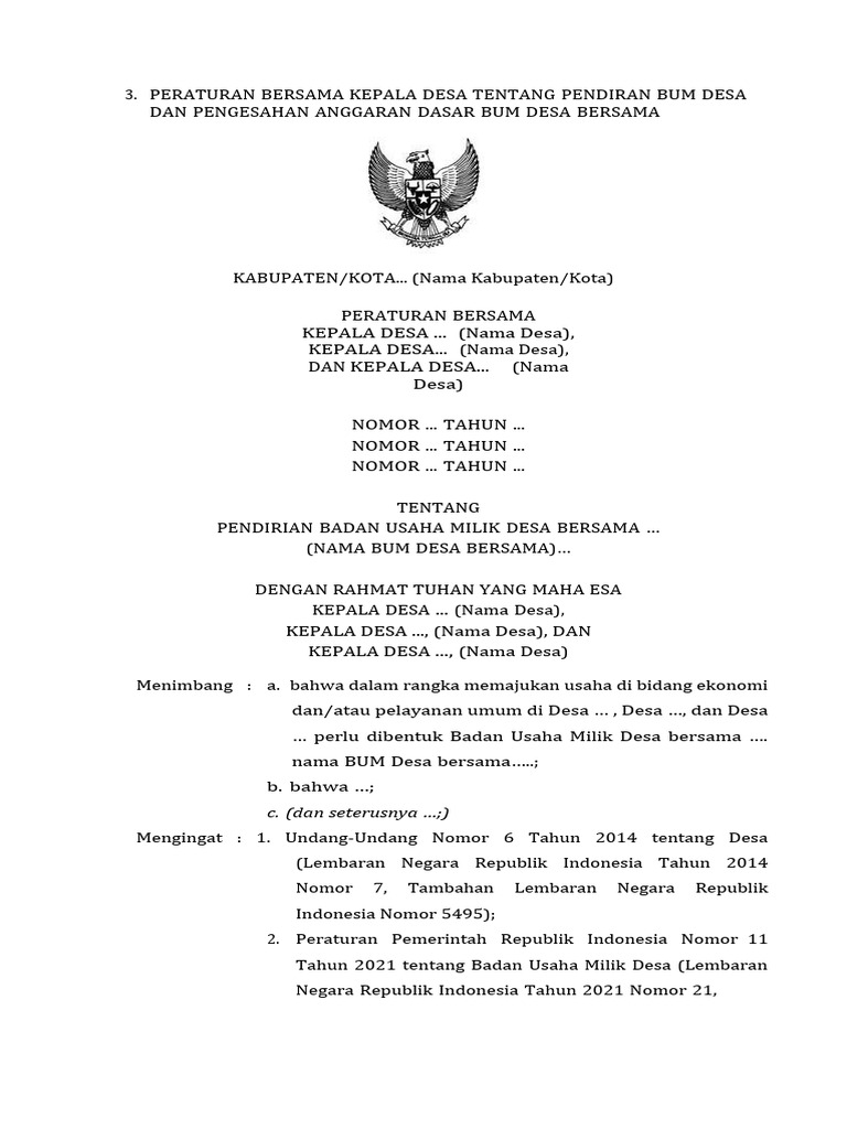 PERATURAN BERSAMA KEPALA DESA TENTANG PENDIRAN BUM DESA DAN PENGESAHAN ...