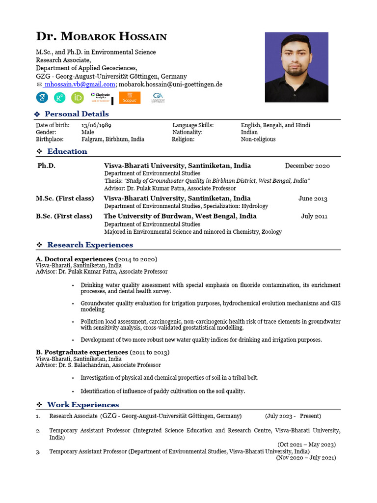 Mobarok Hossain Cv Pdf Groundwater Water Quality