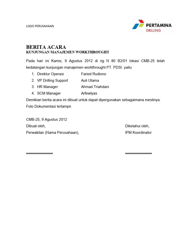 BERITA ACARA Kunjungan Manajemen Workthrought | PDF BERITA ACARA Kunjungan Manajemen Workthrought | PDF