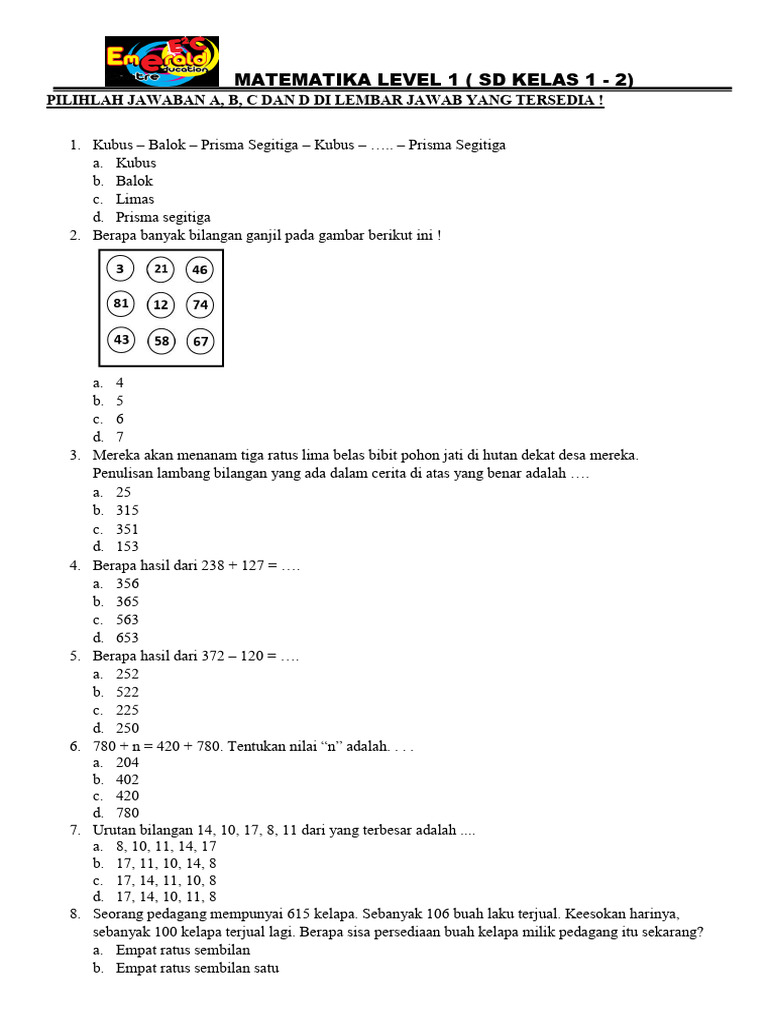 Soal Math L1 Fabi 12 | PDF