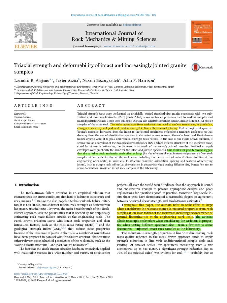 Alejano LR, Arzúa J, Bozorgzadehc N, Harrison JP (2010) - Triaxial ...