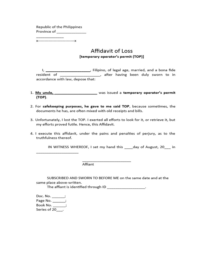 Affidavit of Loss for TOP | PDF | Law