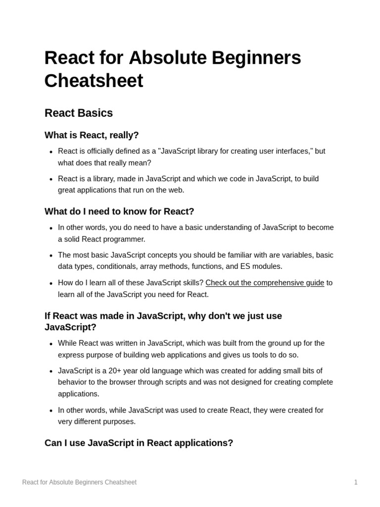 The React For Absolute Beginners Cheatsheet | PDF | Java Script | Application Software