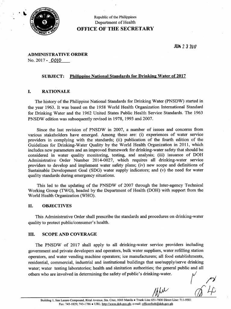 Philippine National Standards For Drinking Water - 2017 | PDF