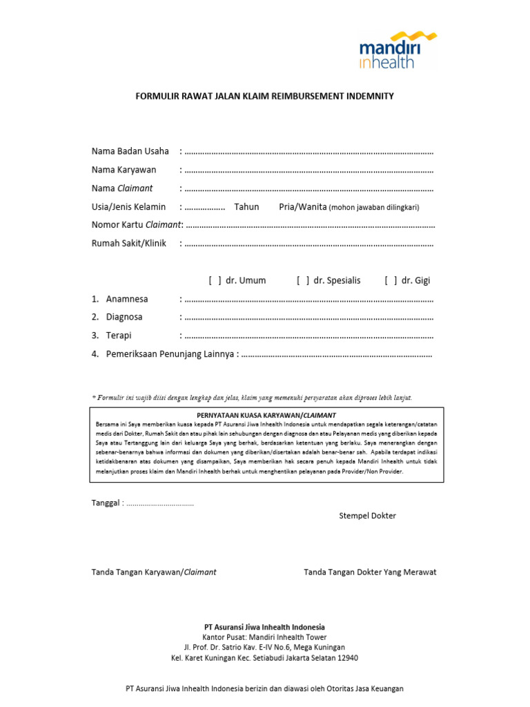 Formulir Klaim Reimbursement Inhealth | PDF