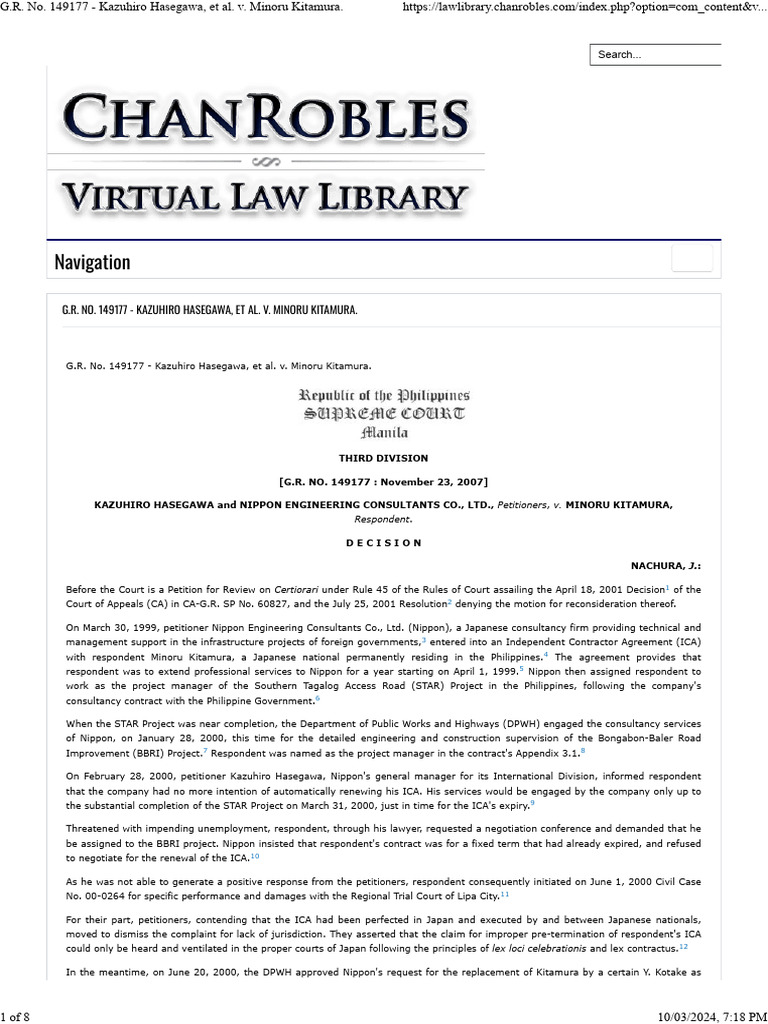 G.R. No. 149177 - Kazuhiro Hasegawa, Et Al. v. Minoru Kitamura. | PDF | Choice Of Law | Jurisdiction